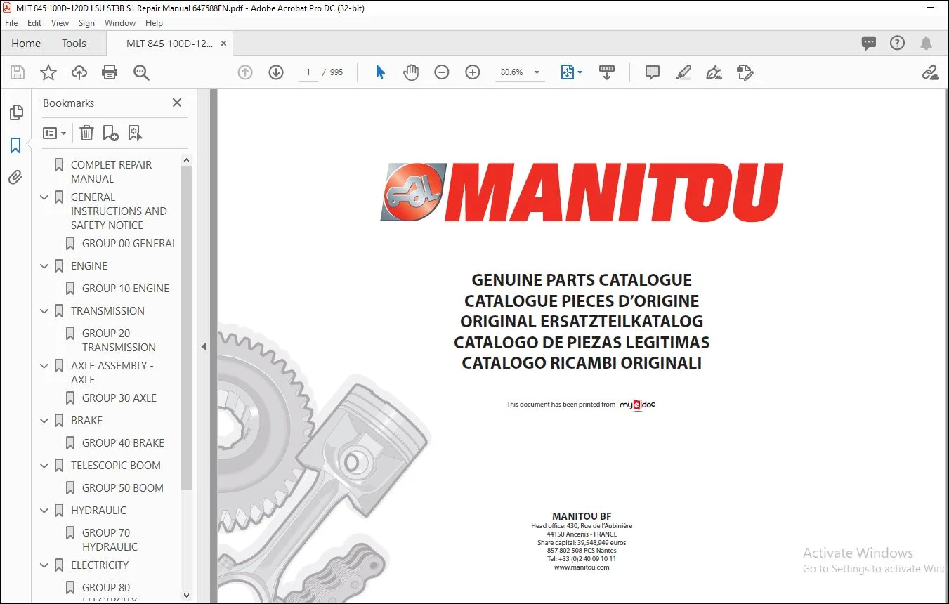 Manitou MLT 845 100D H LSU ST3B S1 MLT 845 120D LSU ST3B S1 Repair ...