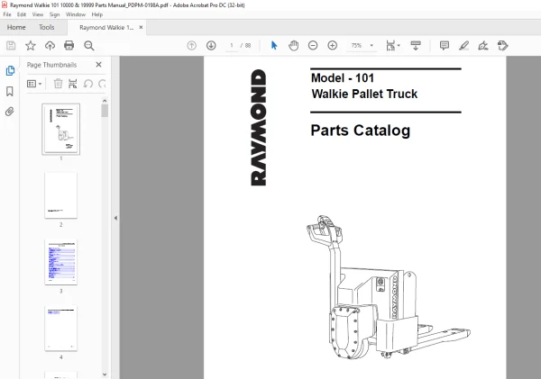 Raymond Forklift 101 Walkie Pallet Truck Parts Catalog Manual PDPM-0198 ...