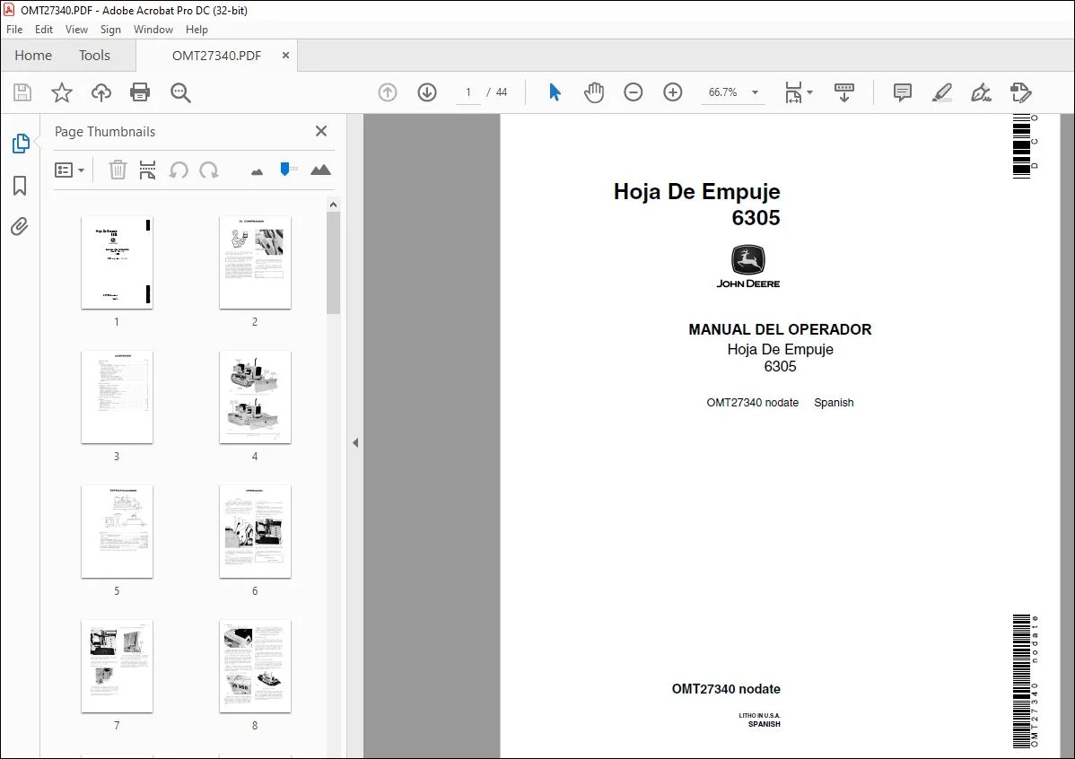 John Deere Hoja De Empuje 6305 MANUAL DEL OPERADOR OMT27340 PDF ...